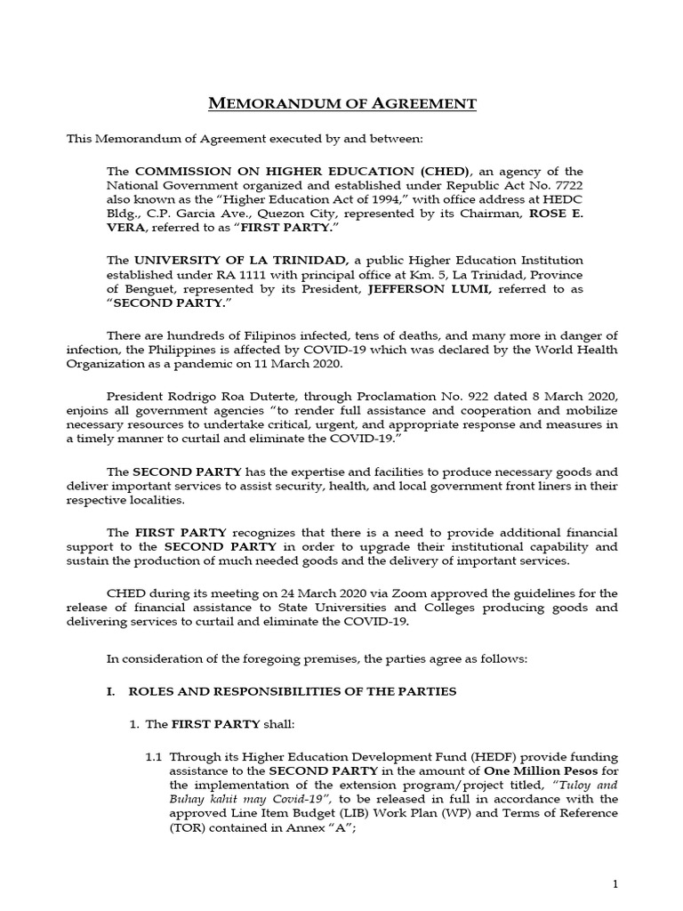Memorandum of Agreement MOA Template | PDF | Law