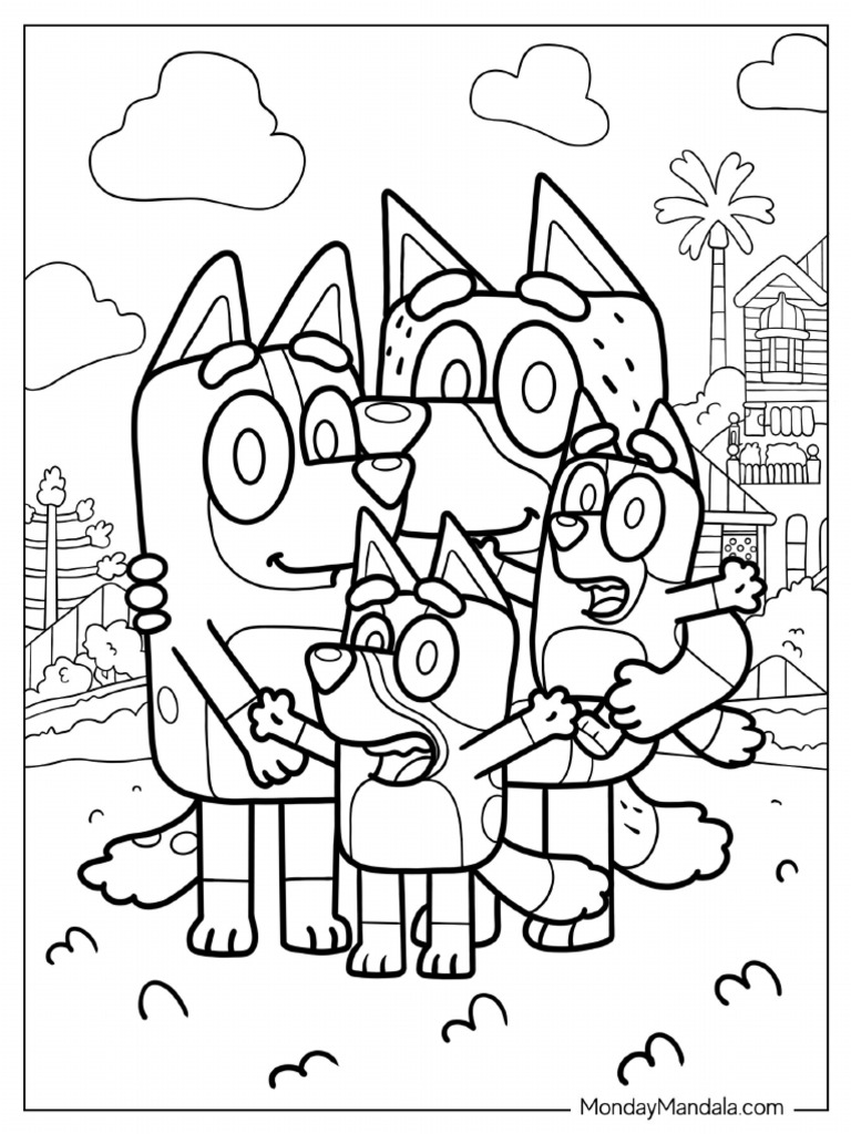 Bandit Chilli Bluey and Bingo Family Photo Coloring In | PDF