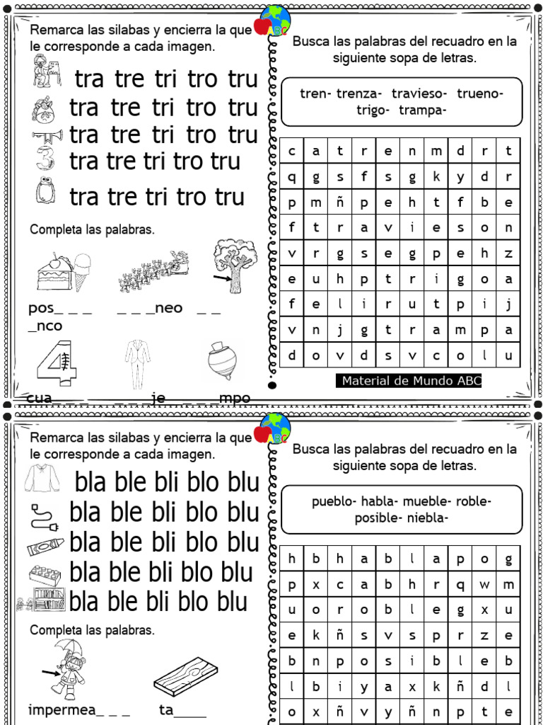 Sopa de letras con sílabas trabadas | PDF | Fonética