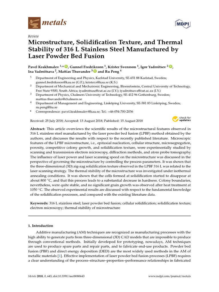 Microstructure, Solidification Texture, and Thermal Stability of 316 L ...