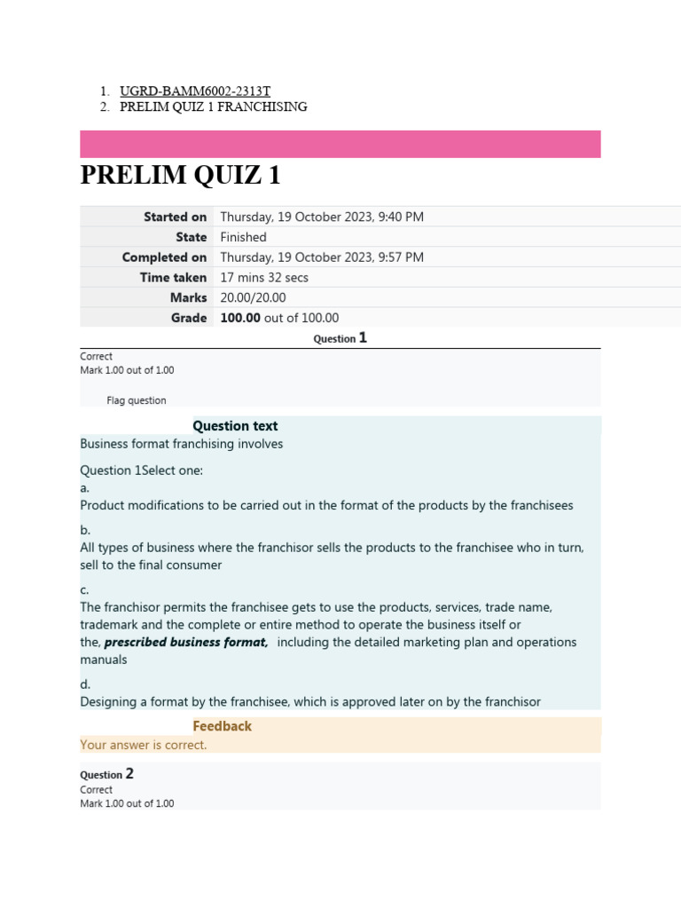 Prelim Quiz 1 Franchising | PDF | Franchising | Retail