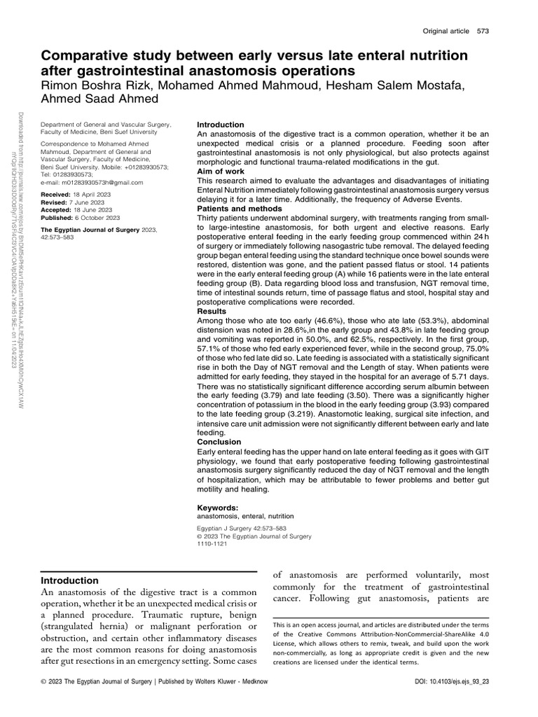 Early vs Late Enteral Nutrition Post-Surgery | PDF | Gastrointestinal ...