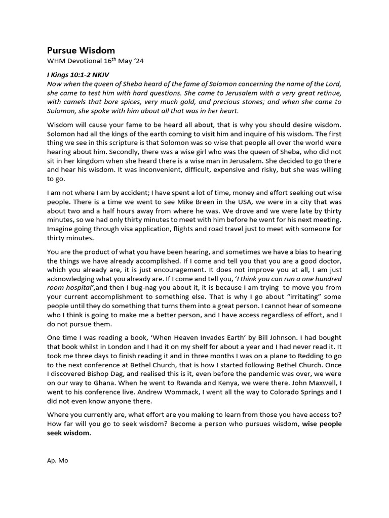 Pursue Wisdom - WHM Devotional 16th May 2024 | PDF | Solomons | Queen ...