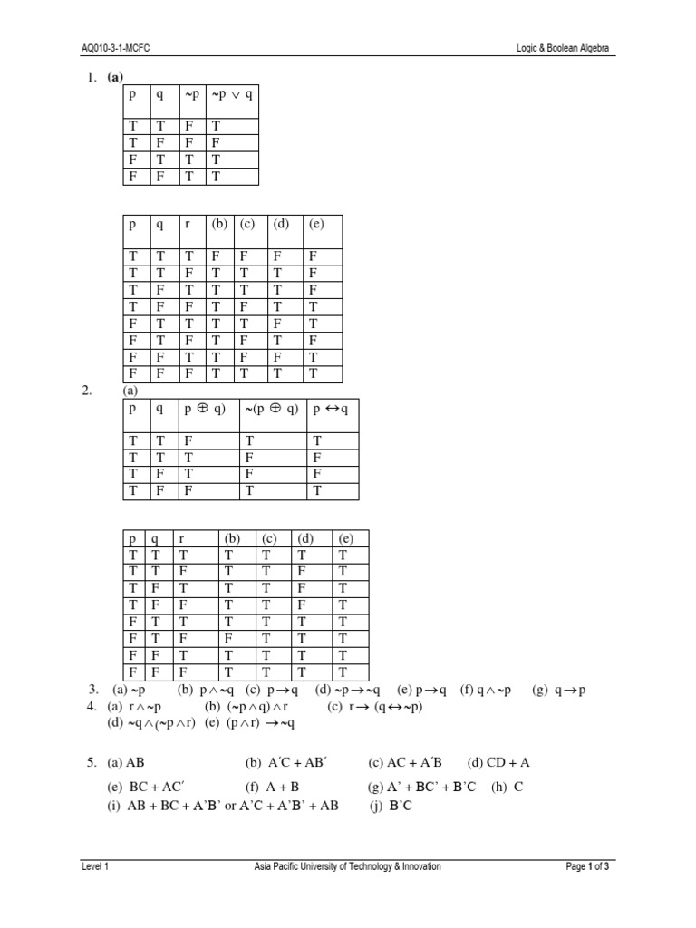 Chapter 5 - Logic Boolean Algebra (Solutions) | PDF | Logic | Abstract ...