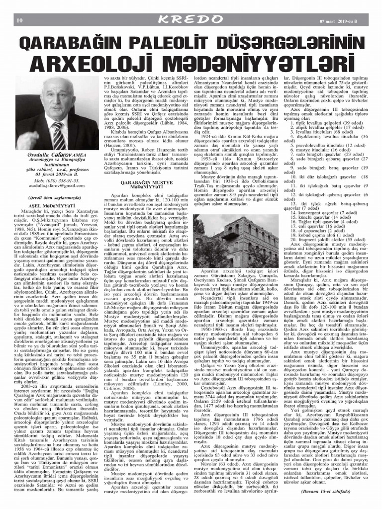 Arxeoloji Mədəniyyətləri: Qarabağin Paleolit Düşərgələrinin | PDF