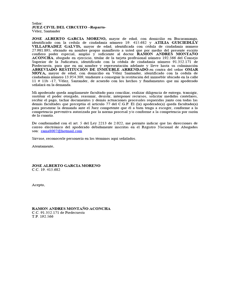 Poder Restitucion Jose Alberto Garcia Moreno | PDF | Derecho