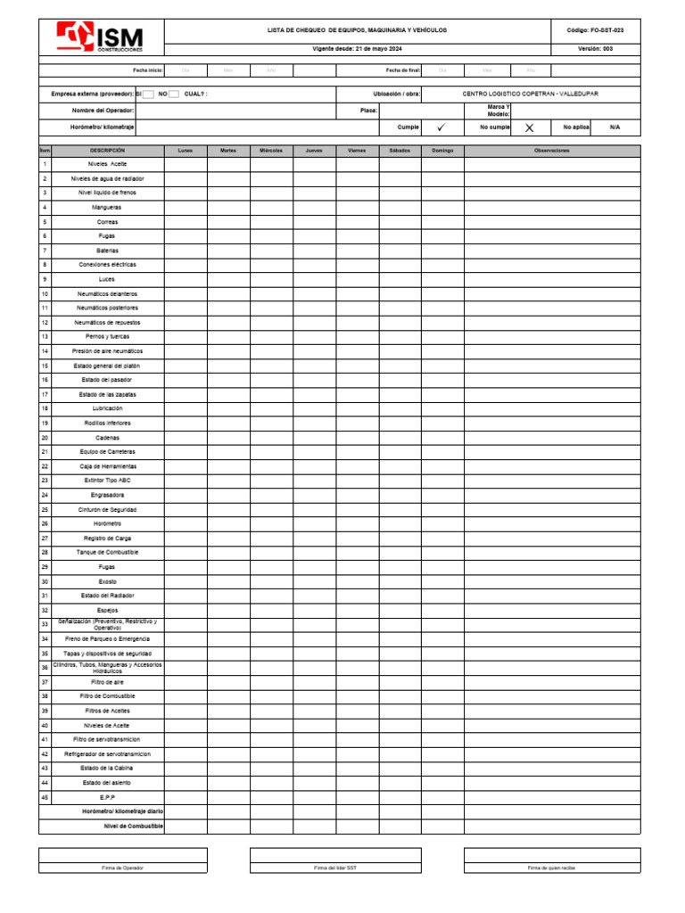 Copia de FO-SST-023-025 LISTA DE CHEQUEO EQUIPOS MAQUINARIA Y VEHICULOS ... Copia de FO-SST-023-025 LISTA DE CHEQUEO EQUIPOS MAQUINARIA Y VEHICULOS ...
