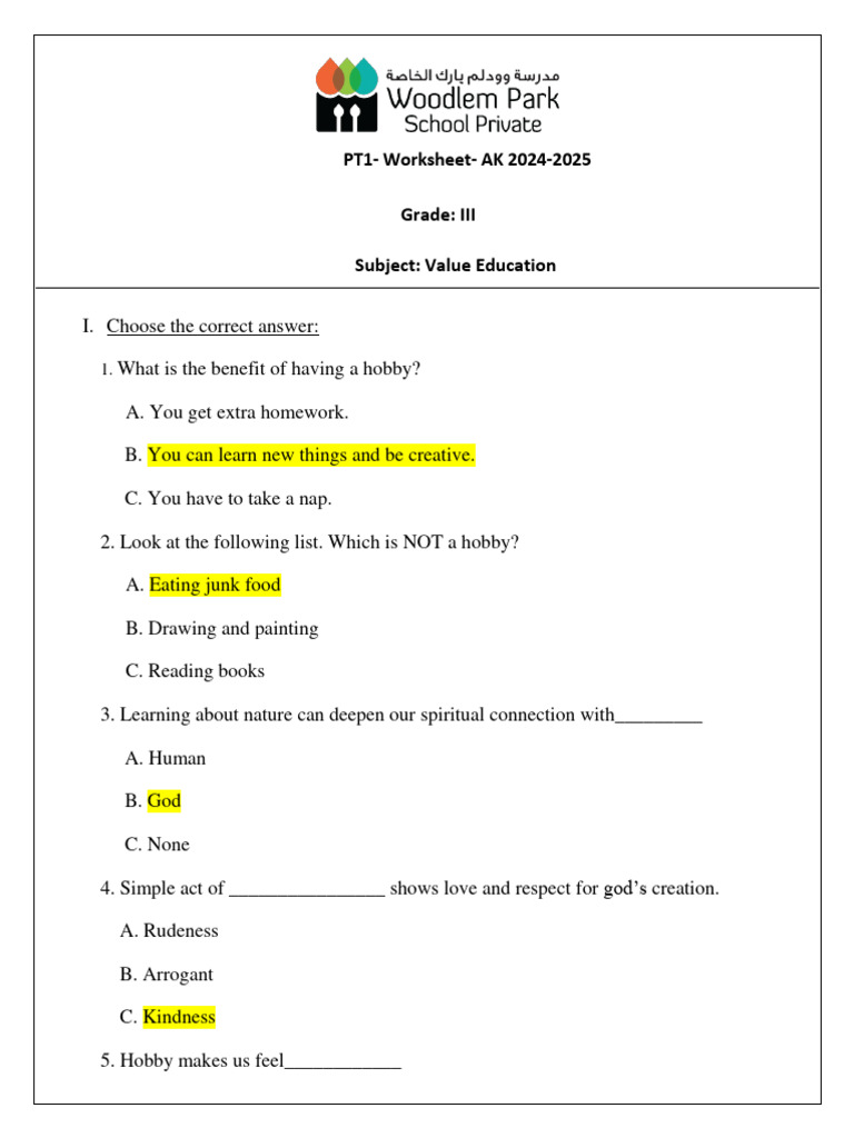 Value Education Worksheet for Grade III | PDF