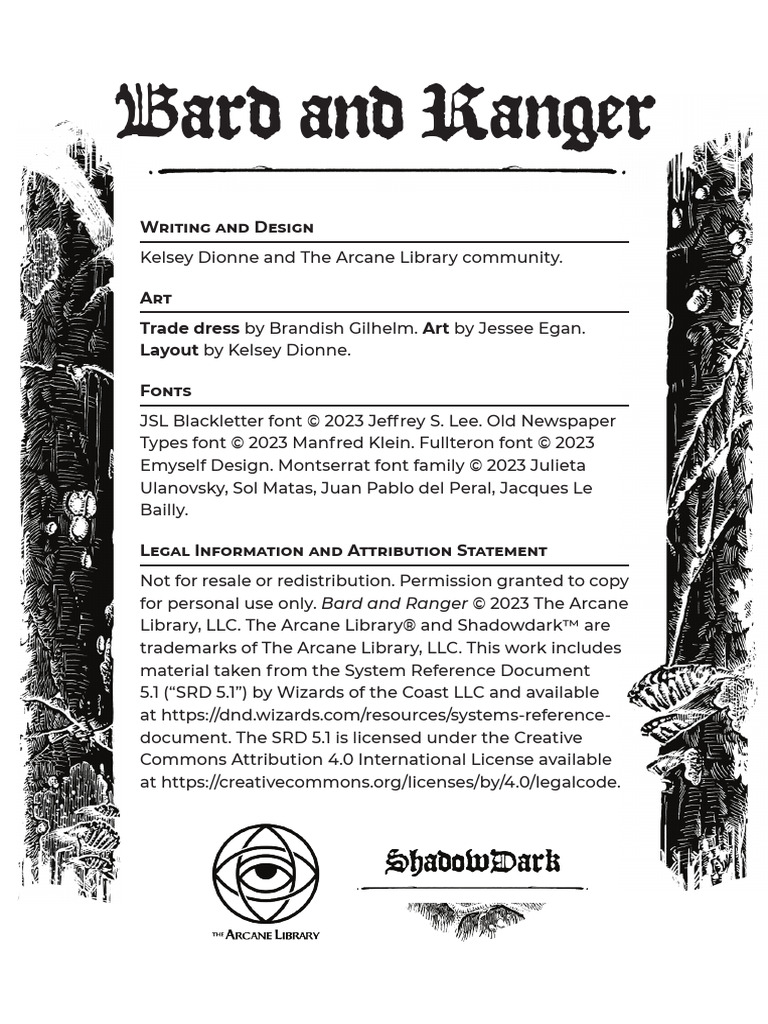 Shadowdark Bard and Ranger Classes V1-2 | PDF