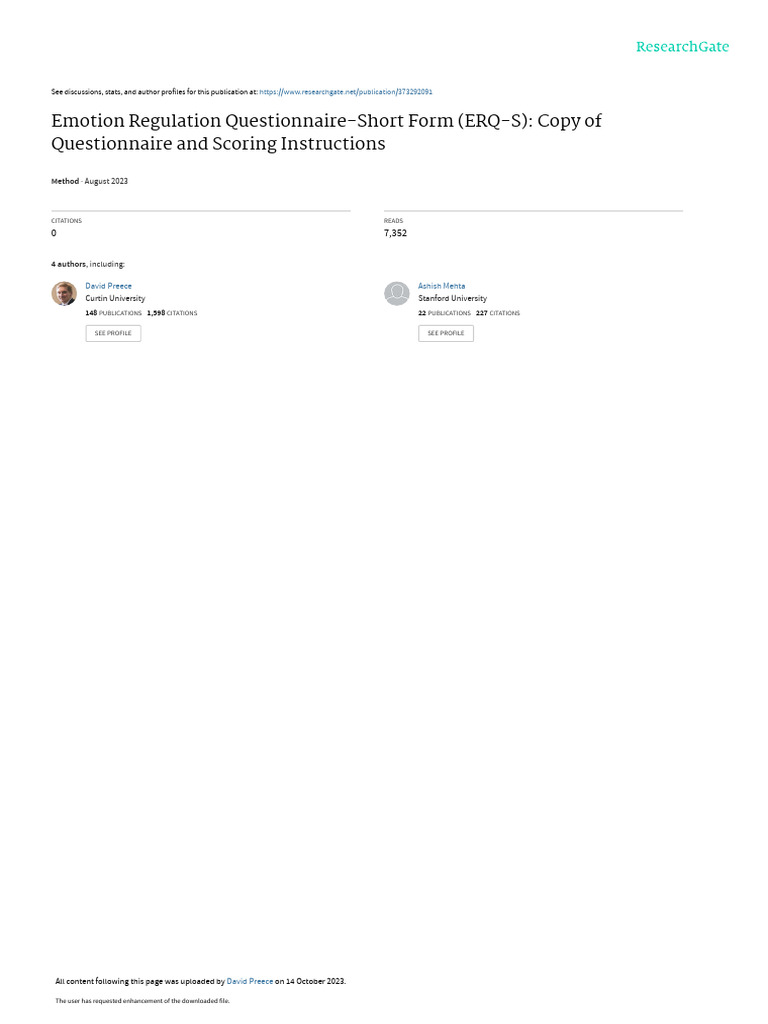 ERQ S Questionnaire And Scoring Instructions 2023 10 PDF Emotional