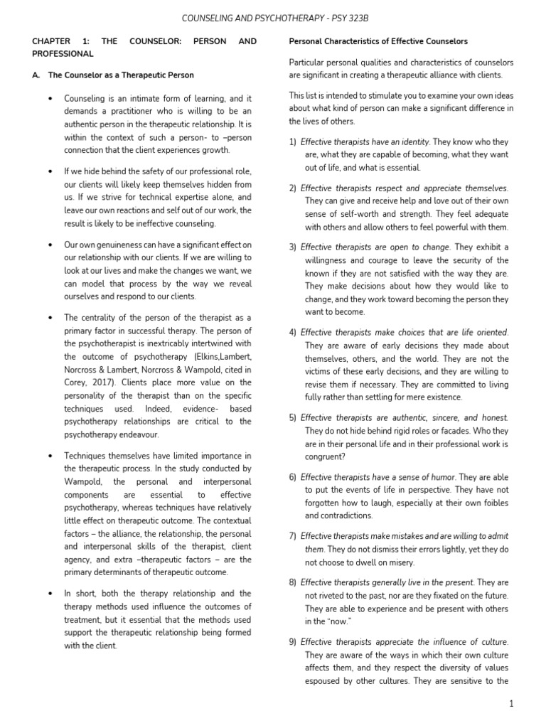 Chapter 1: The Counselor: Person and Professional A. The Counselor As A ...