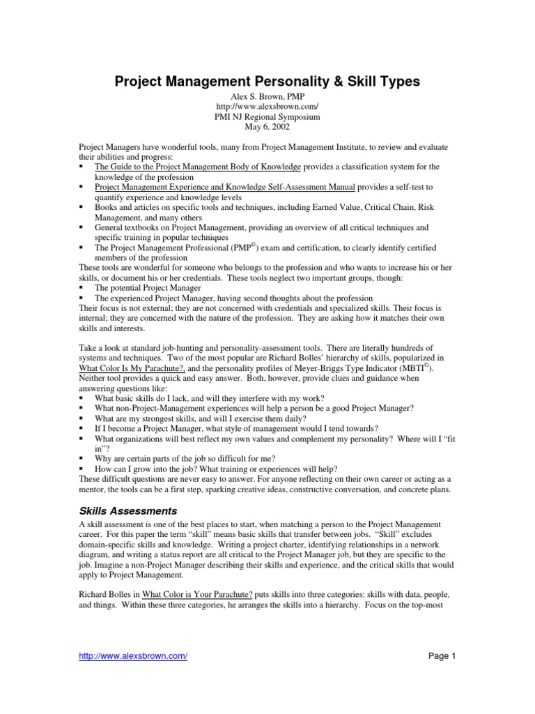 Project Management Personality & Skill Types: Skills Assessments | PDF ...