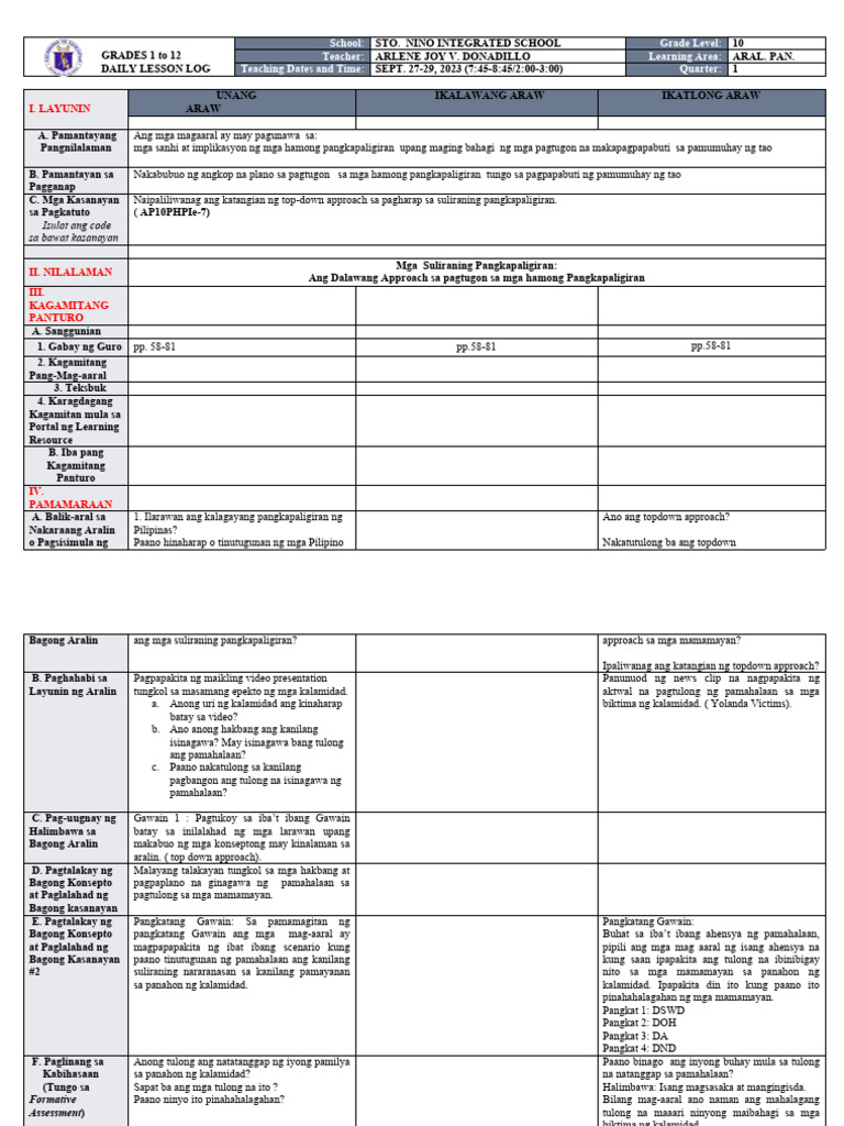 School: Grade Level: Teacher: Learning Area: Teaching Dates and Time ...