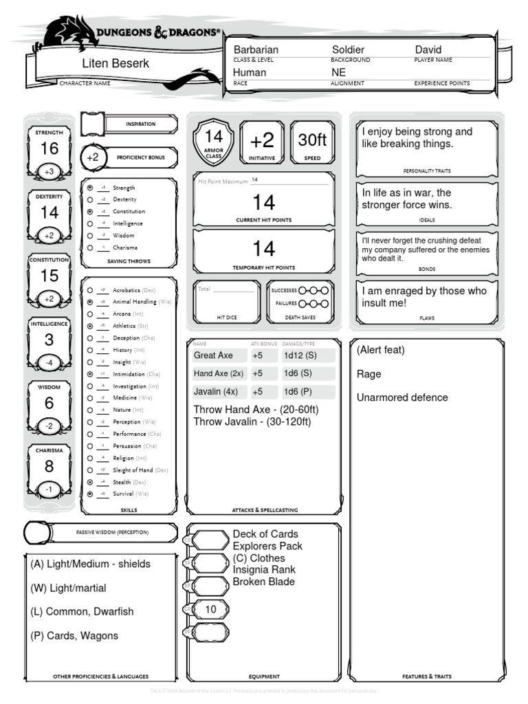 Barbarian PC Sheet | PDF | Role Playing Games
