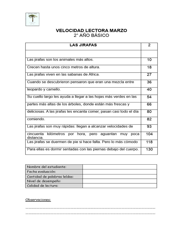 Velocidad Lectora Abril Segundo Básico Pdf