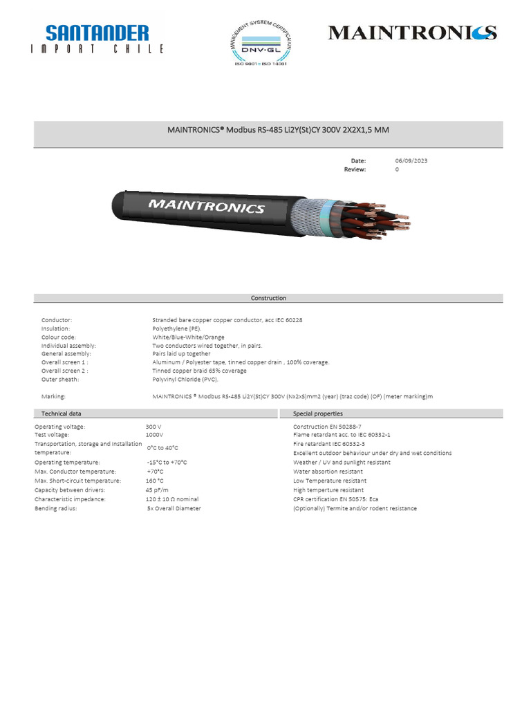Ficha Tecnica Cable Instrumentation Modbus RS-485 Li02Y (ST) CY 300V - MAINTRONICS | PDF ...