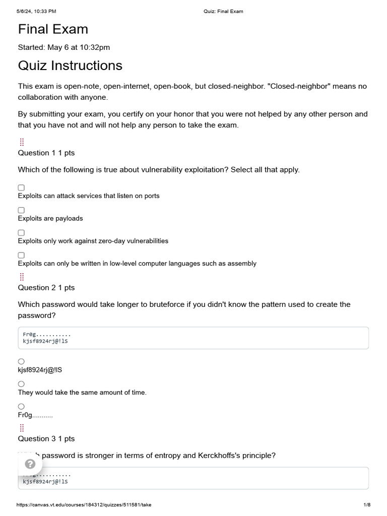 Quiz - Final Exam | PDF | Password | Penetration Test