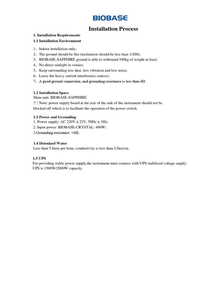 2.BIOBASE-Sapphire Installation Process | PDF | Power Supply | Electrical Engineering