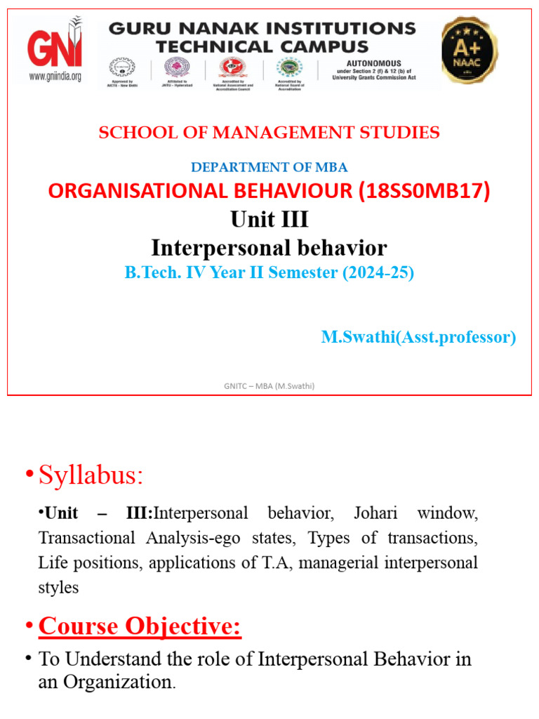 Organization Behaviour UNIT-3 | PDF | Interpersonal Communication | Psychotherapy