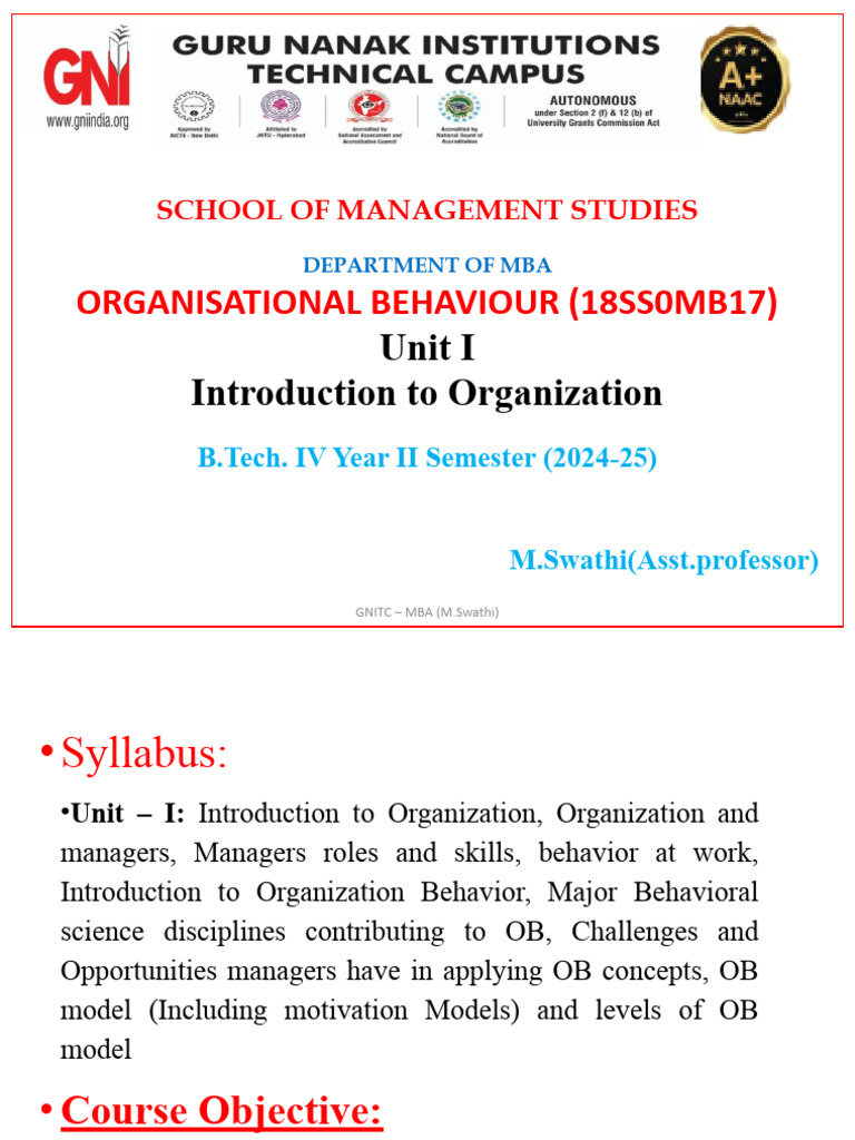 Organization behaviour UNIT-1 PPT | PDF | Organizational Behavior | Behavioural Sciences