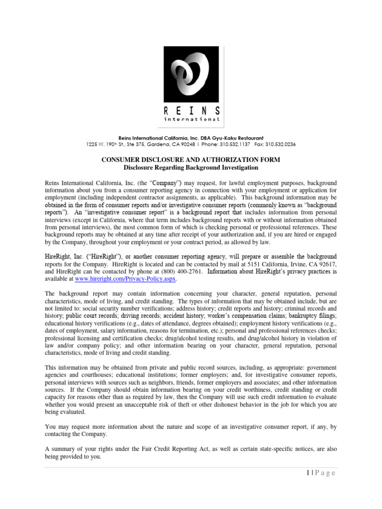 (CA) HireRight Background Authorization Form | PDF | Credit Bureau ...