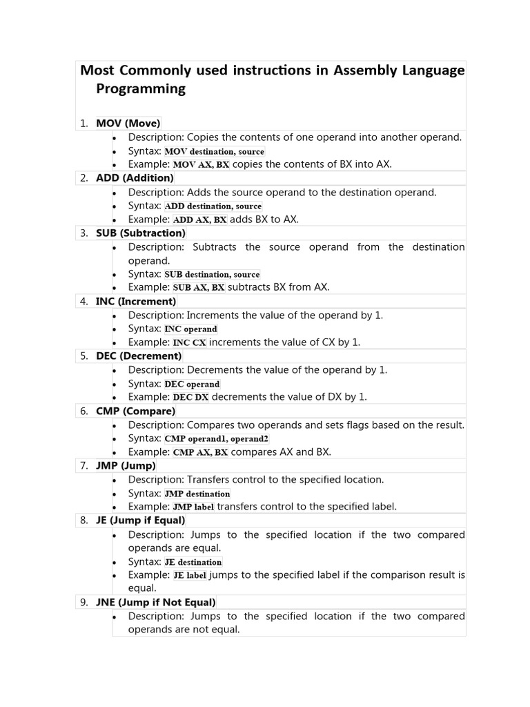 Most Commonly Used Instructions in Assembly Language Programming | PDF | Control Flow | Assembly ...