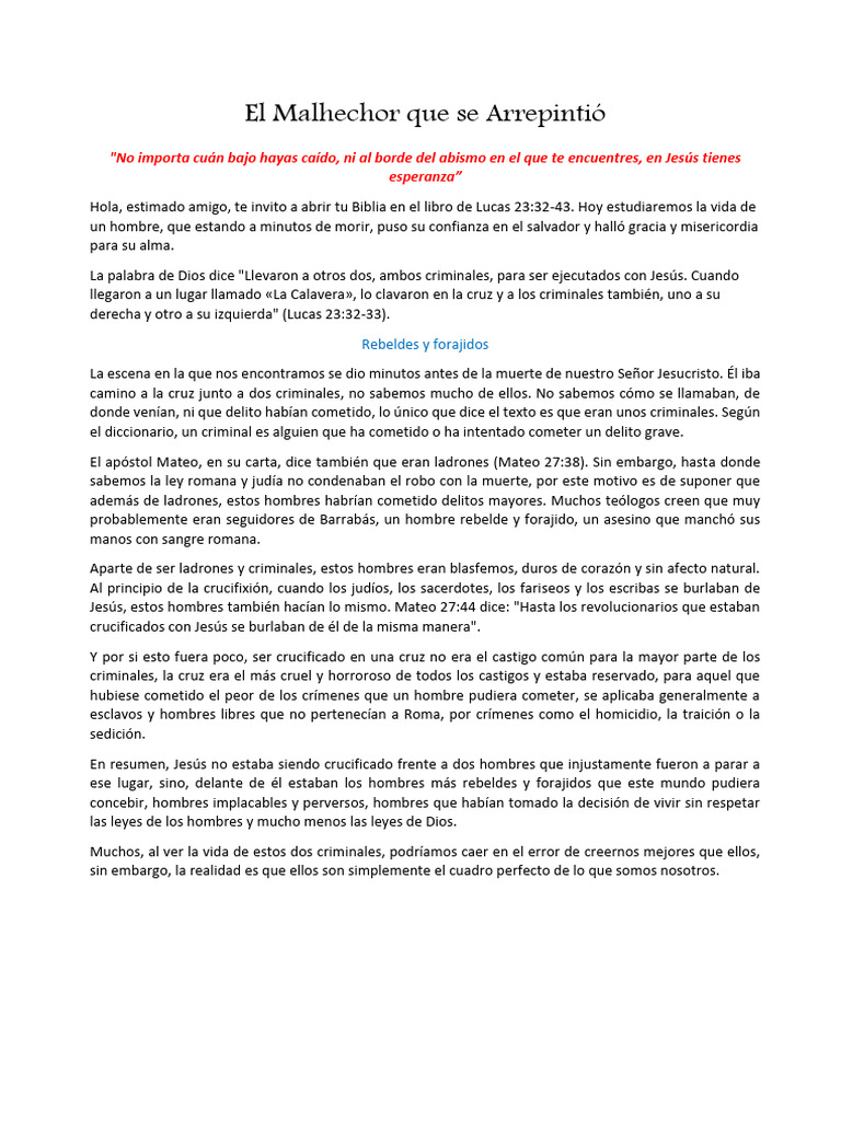El Malhechor Que Se Arrepintió | PDF | Jesús | Pecado
