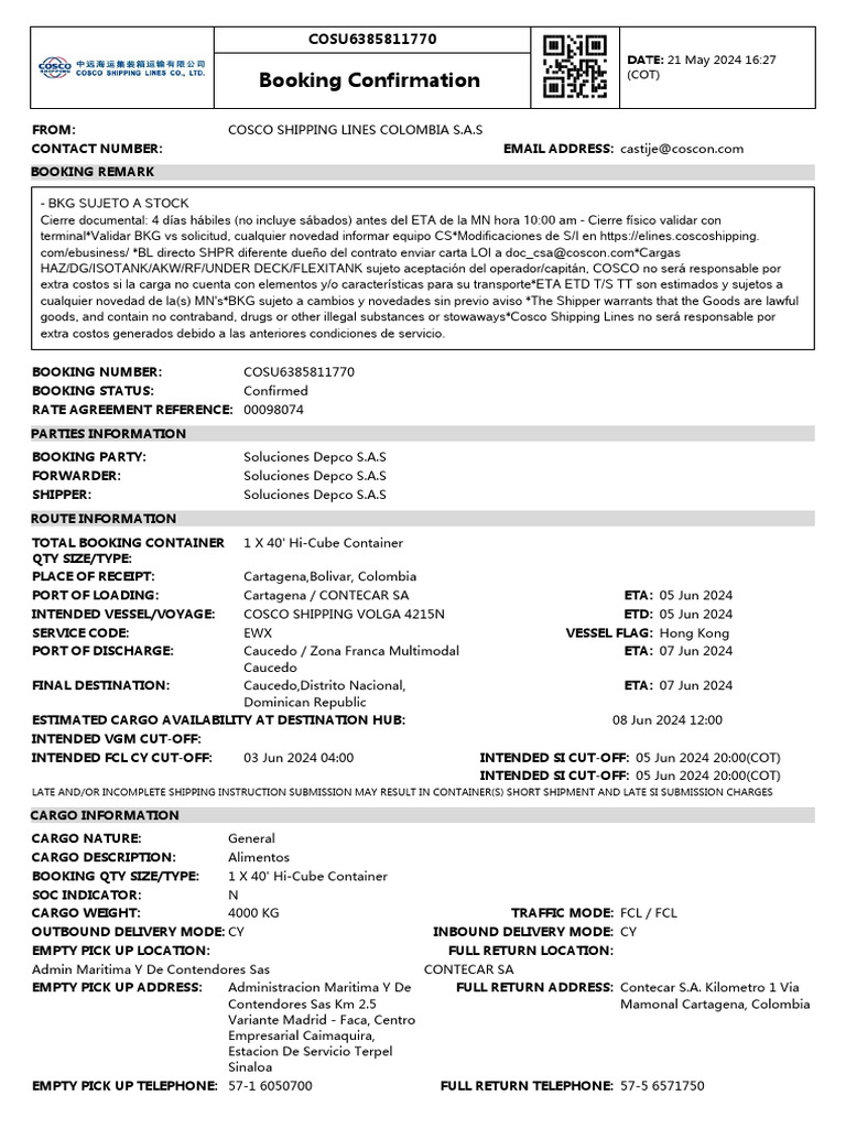 Booking Confirmation: COSU6385811770 | PDF | Cargo | Supply Chain ...