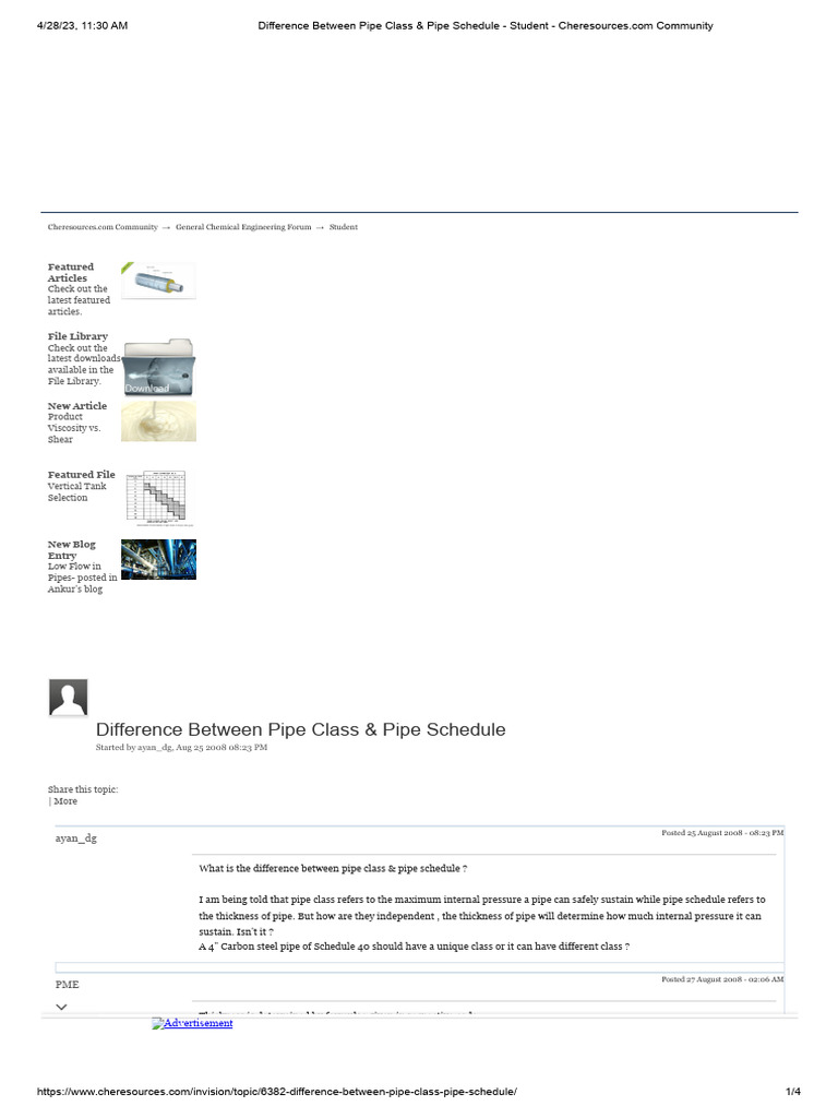 Difference Between Pipe Class & Pipe Schedule - Student - Cheresources ...