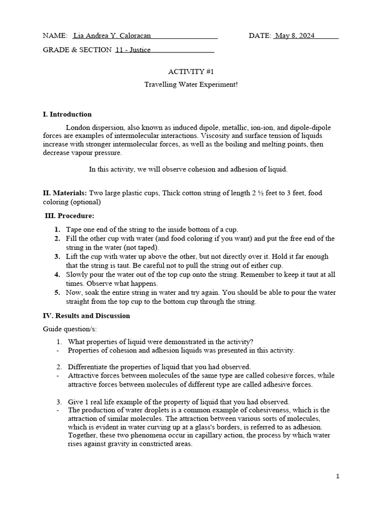 Cohesion and Adhesion in Liquids Experiment | PDF | Intermolecular ...