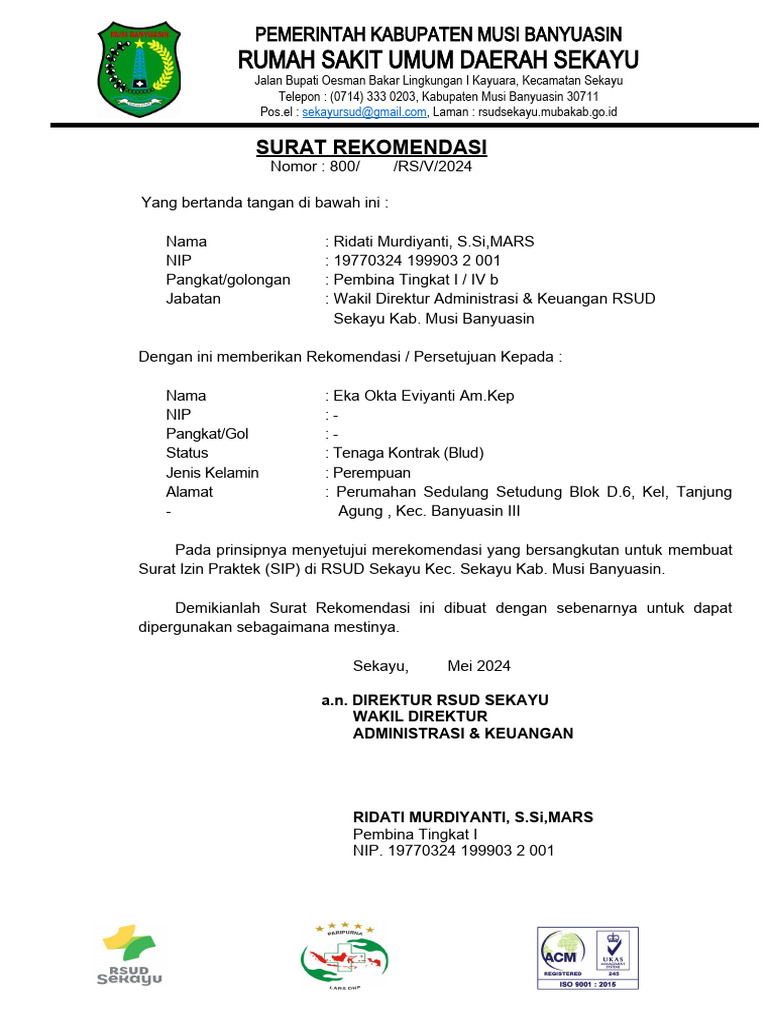 SURAT RECOM RSUD EKA | PDF