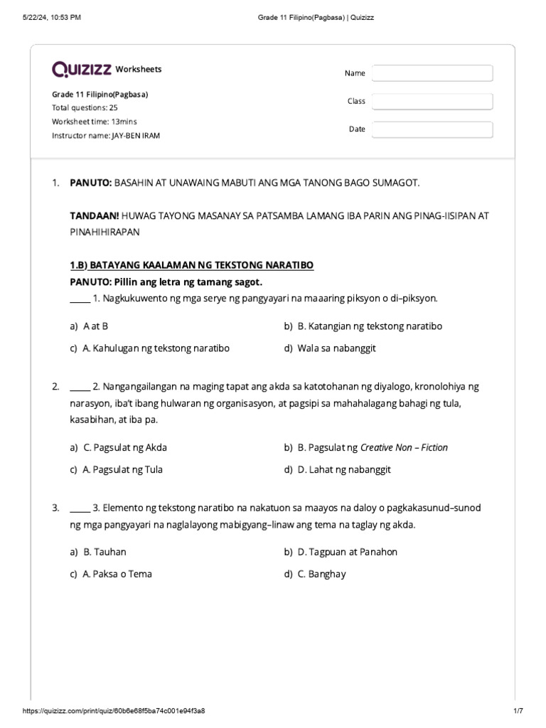Grade 11 Filipino (Pagbasa) - Quizizz | PDF