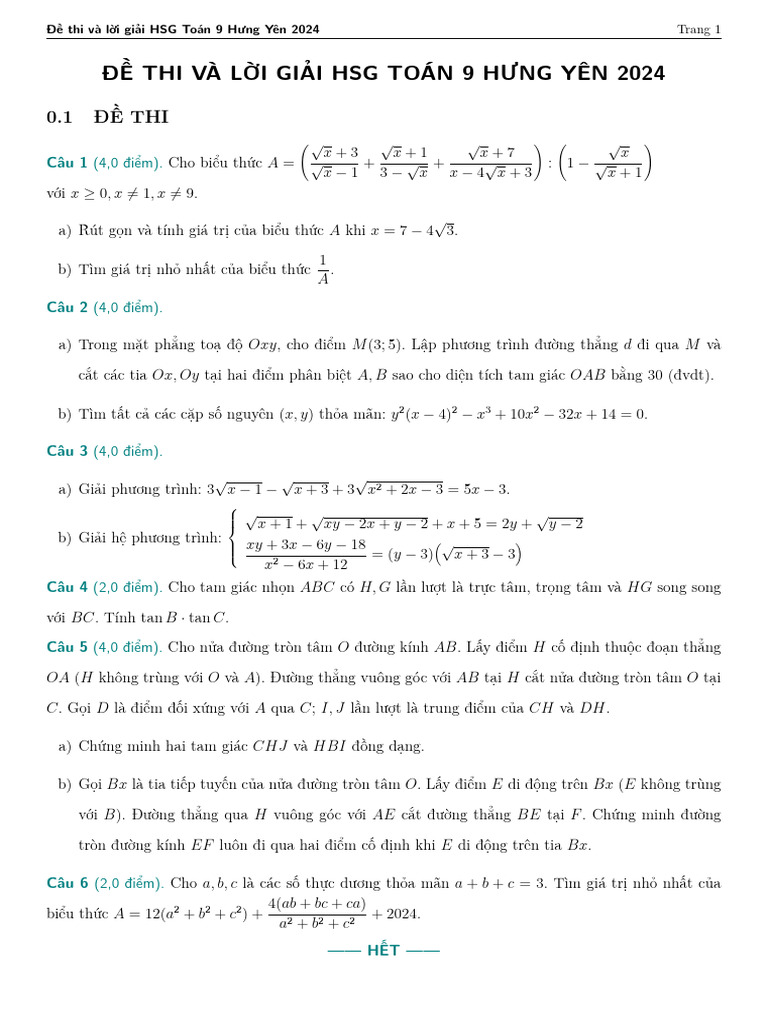 De Hoc Sinh Gioi Cap Tinh Toan Thcs Nam 2023 2024 So GDDT Hung Yen | PDF