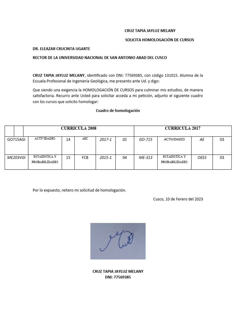 Cuadro de Homologación - Jayluz Melany Cruz Tapia | PDF