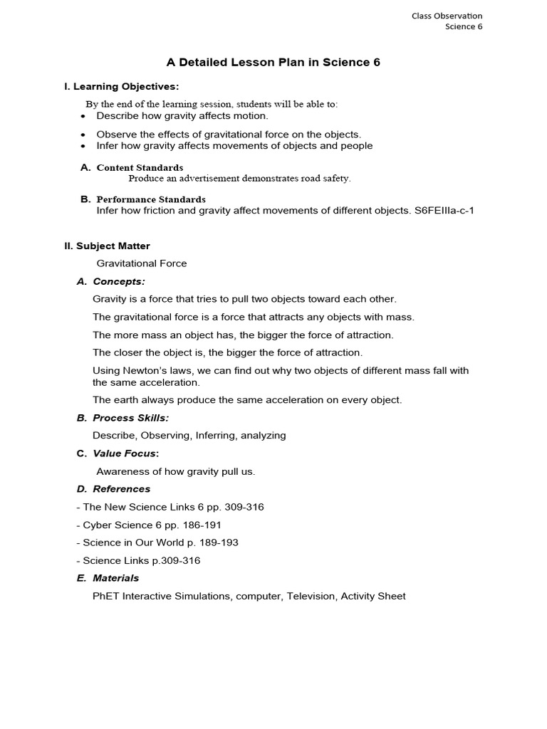 Lesson Plan Science 6 Graitational Force 1 | PDF | Force | Weight