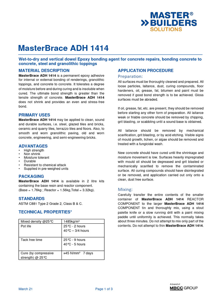 Masterbrace Adh 1414 Tds | PDF | Concrete | Epoxy