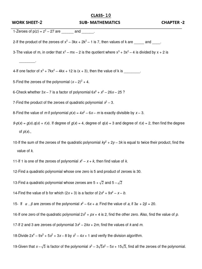 Class 10 Sub - Maths Work Sheet (Chapter 2) | PDF | Teaching Methods ...