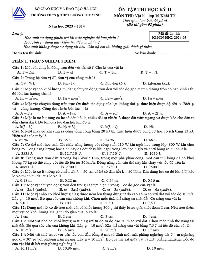 De Mau Thi HK2 K10TN 2023 2024 To3 | PDF