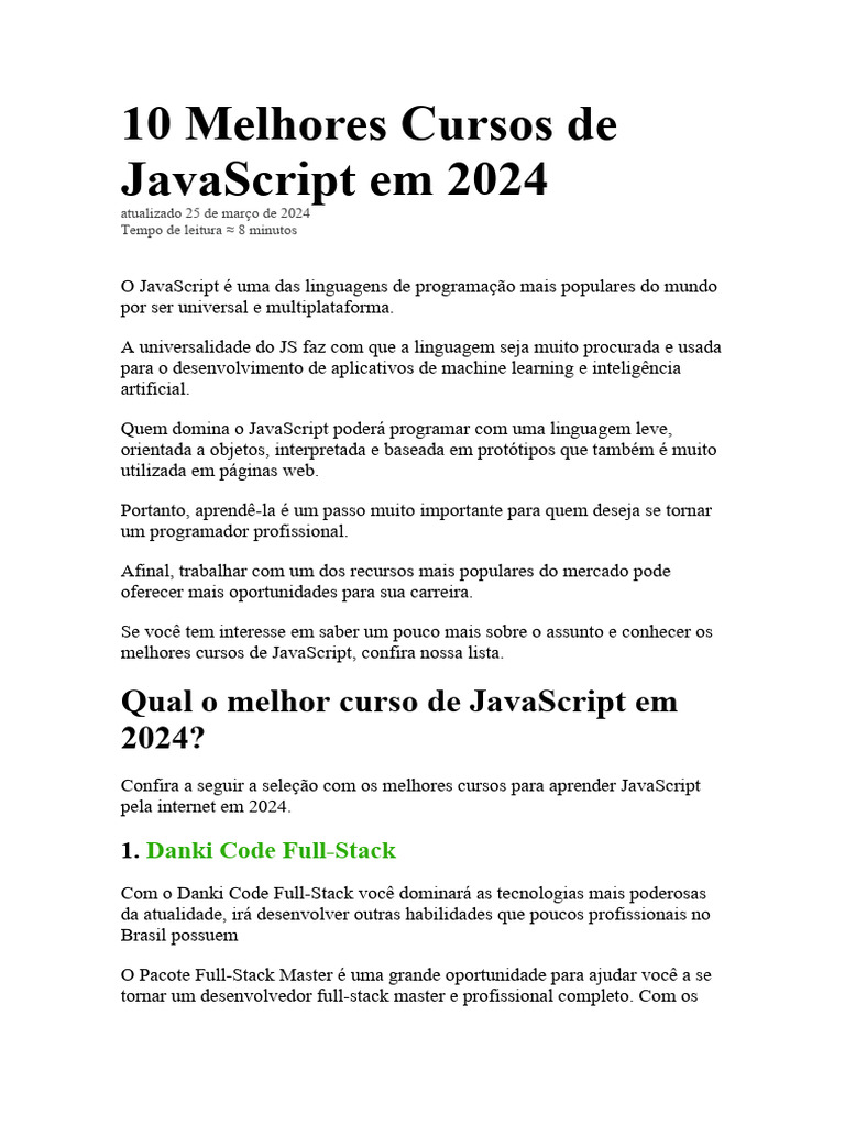 10 Melhores Cursos de JavaScript em 2024 | PDF | Script Java | Informática