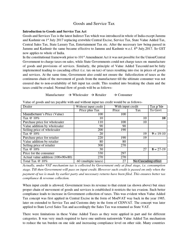 1 Introduction To Gst Pdf Value Added Tax Taxes