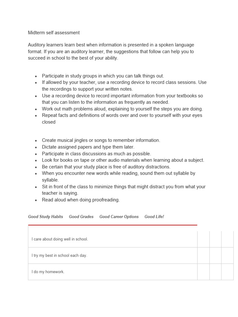 Midterm Self Assessment | PDF | Time Management | Professional Skills