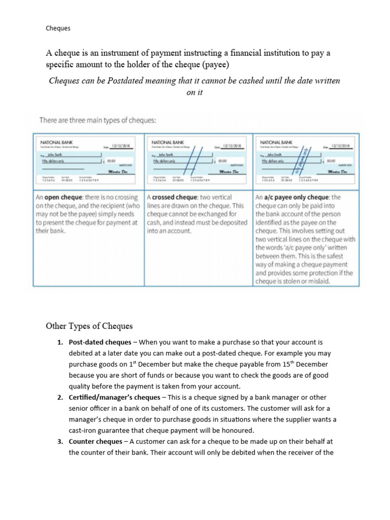 Cheques Notes and Activities | PDF | Cheque | Payments