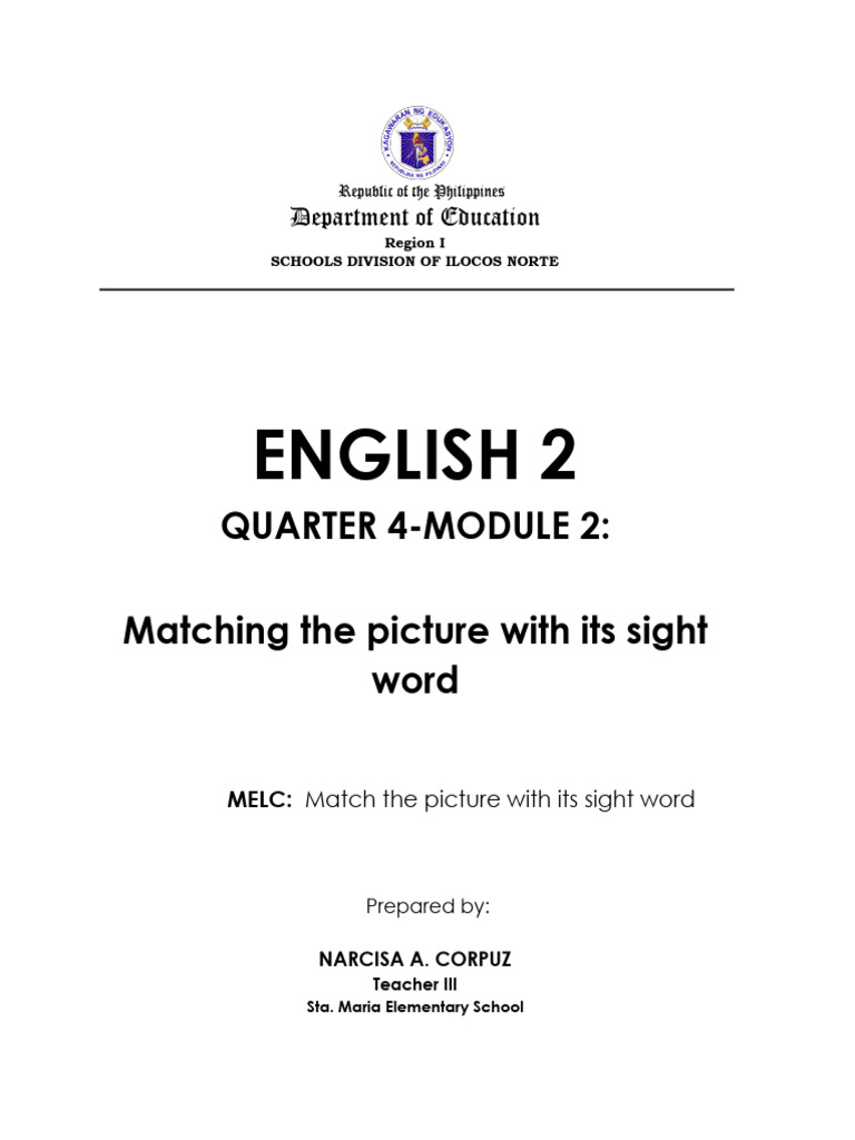 English2 Q4 Week2 Mod2 Matching The Picture With Its Sight Word Narcisa Corpuz FINAL | PDF ...