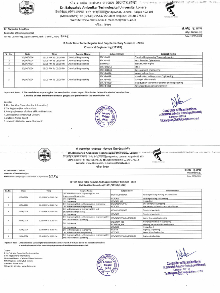 B.Tech Regular and Supplementary Sem 4 Time Table | PDF