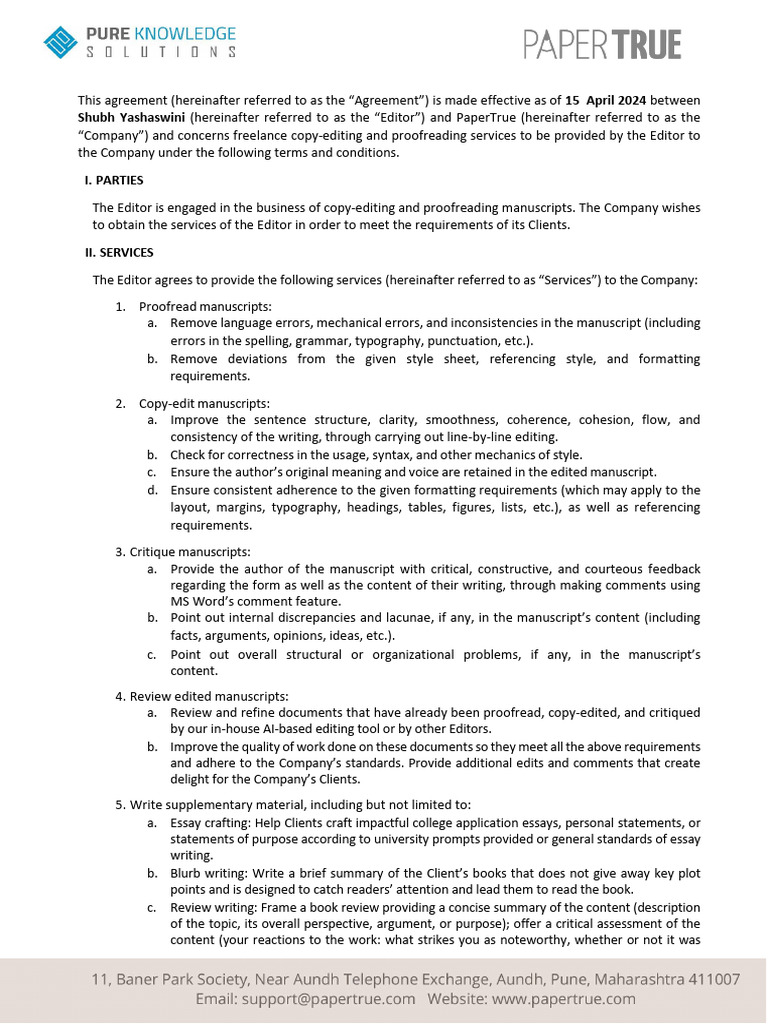 PaperTrue - Freelance Editor Contract - Shubh Yashaswini | PDF ...