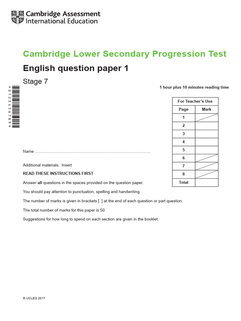 2018 Cambridge Progression Tests English Stage 7 QP P1 | PDF