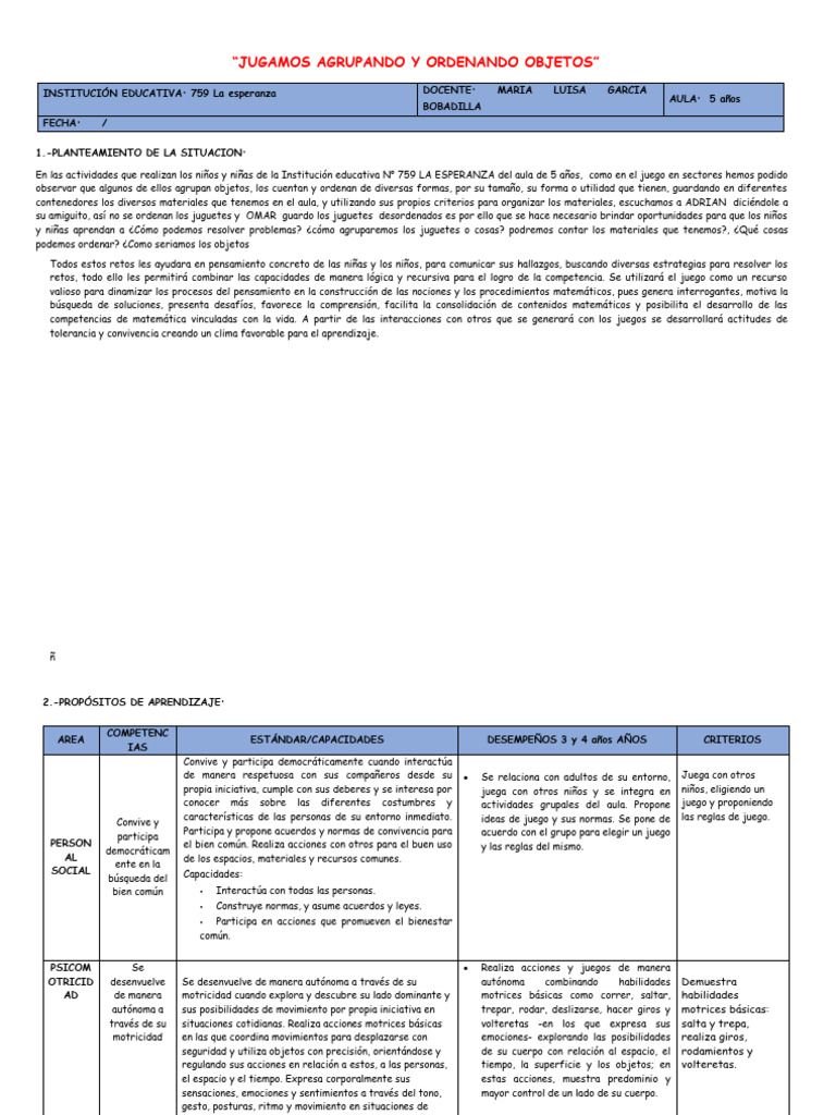 Experiencia - Jugamos Ordenando y Agrupando Objetos | PDF | Comunicación no verbal | Salón de clases