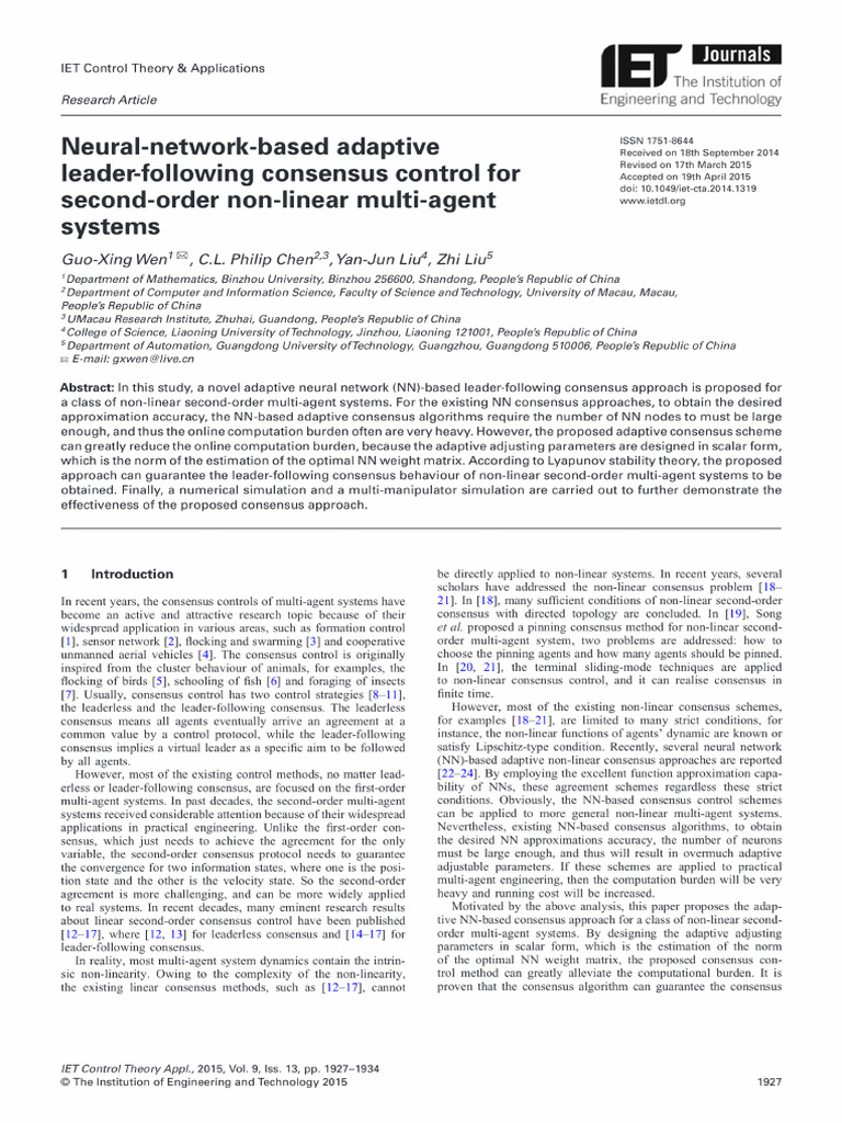 Wen - A 2015 - Neural-Network-Based Adaptive Leader-Following Consensus Control For Second-Order ...