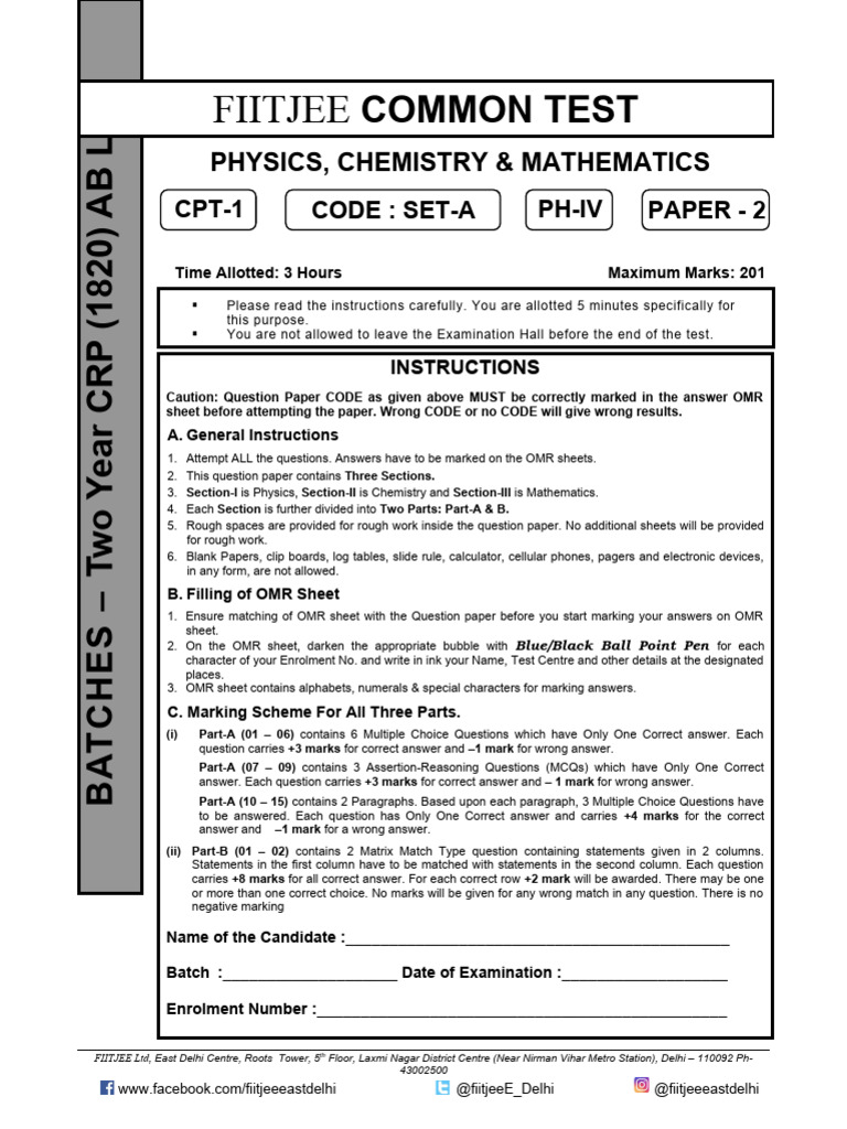 Jee Adv. Two Year CRP (1820) Ab Lot - (Cpt-1) - ph-IV-p-2 (Set-A) | PDF | Zero Of A Function ...