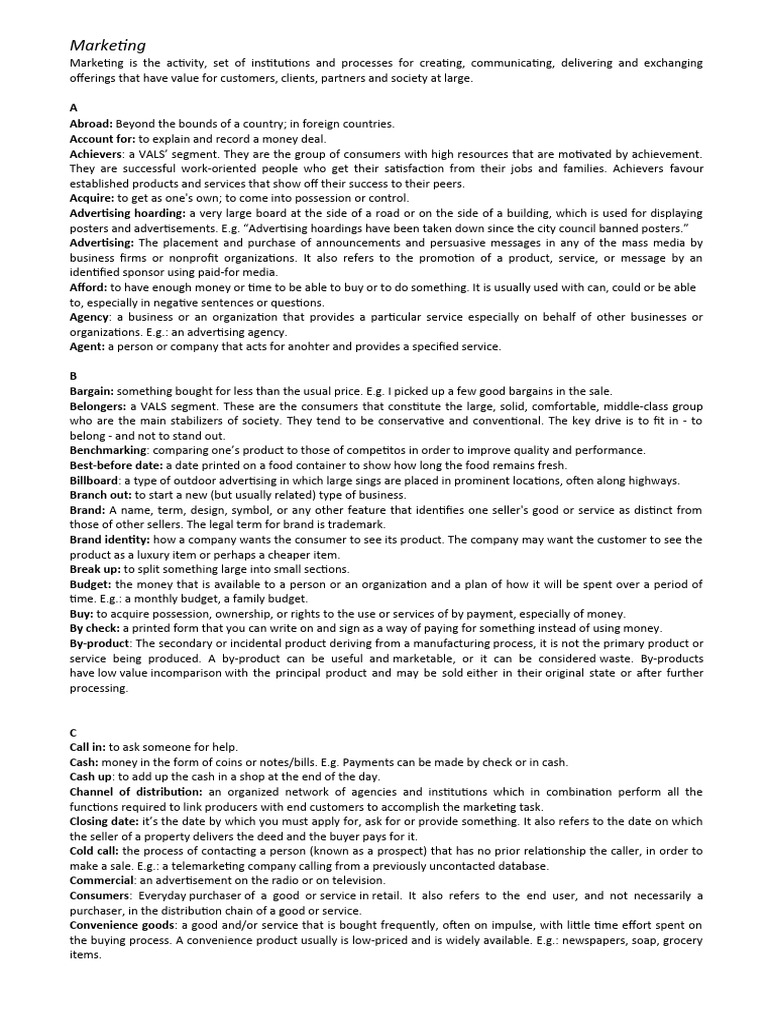 Marketing Glossary Pdf Sales Product Business